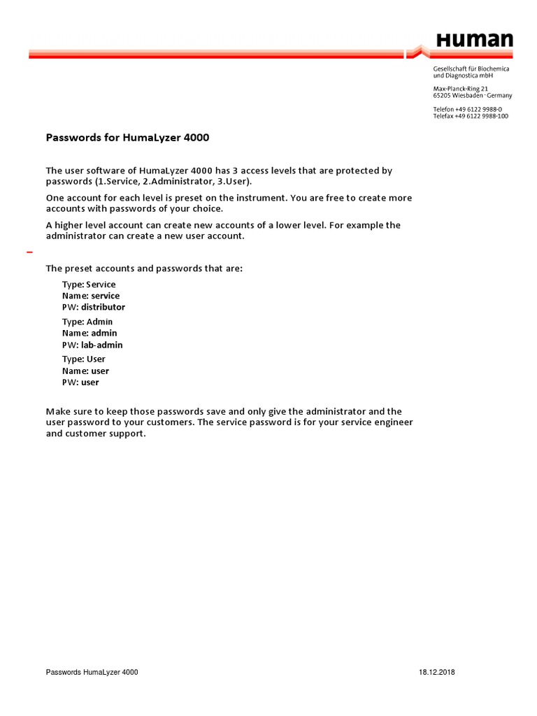 Passwords For Humalyzer 4000 PDF | PDF