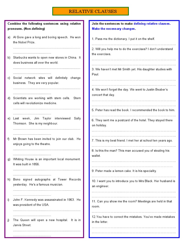 Relative Clauses: Combine The Following Sentences Using Relative ...