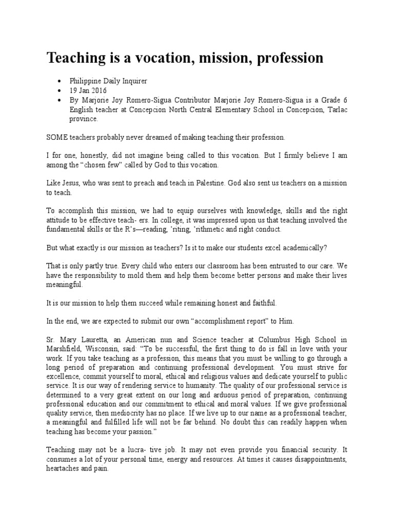 Teaching Is A Vocation | PDF | Certification | Teachers