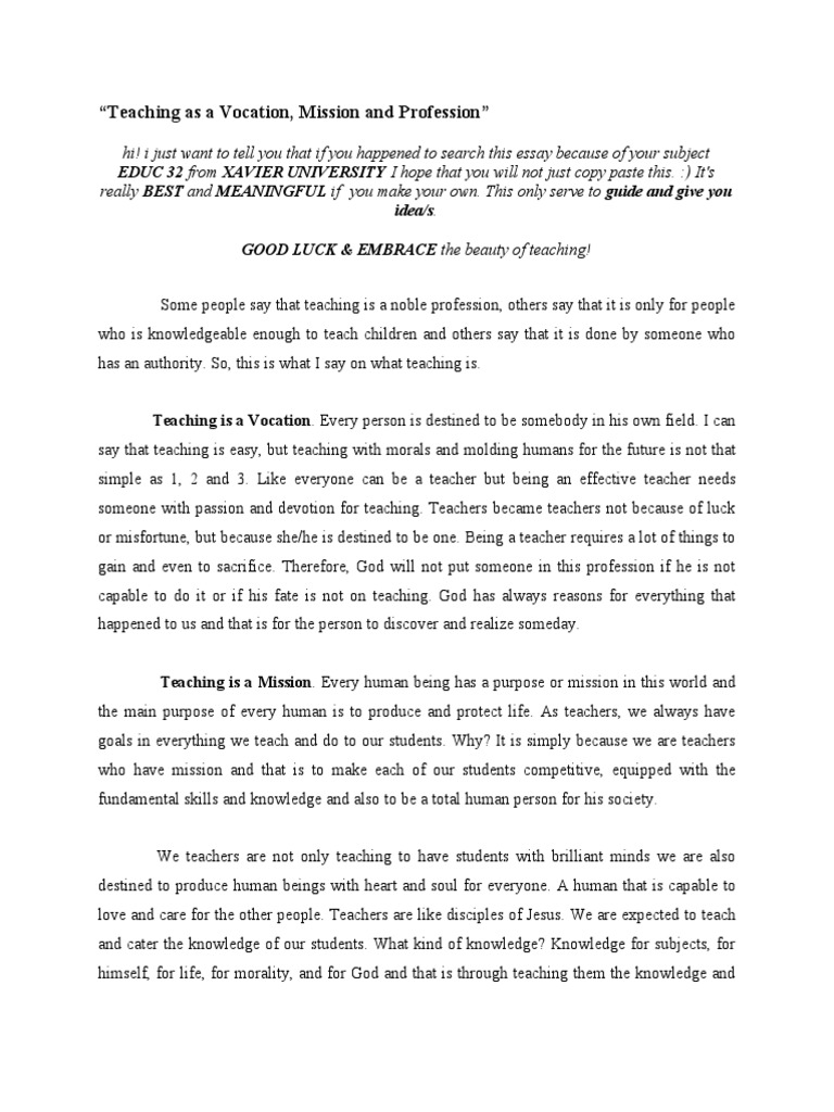 Teaching As Vocation, Mission, Profession | PDF | Luck | Teachers