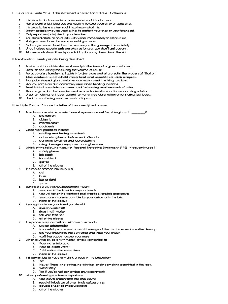 Chemistry Lab Safety Quiz | PDF | Laboratories | Liquids