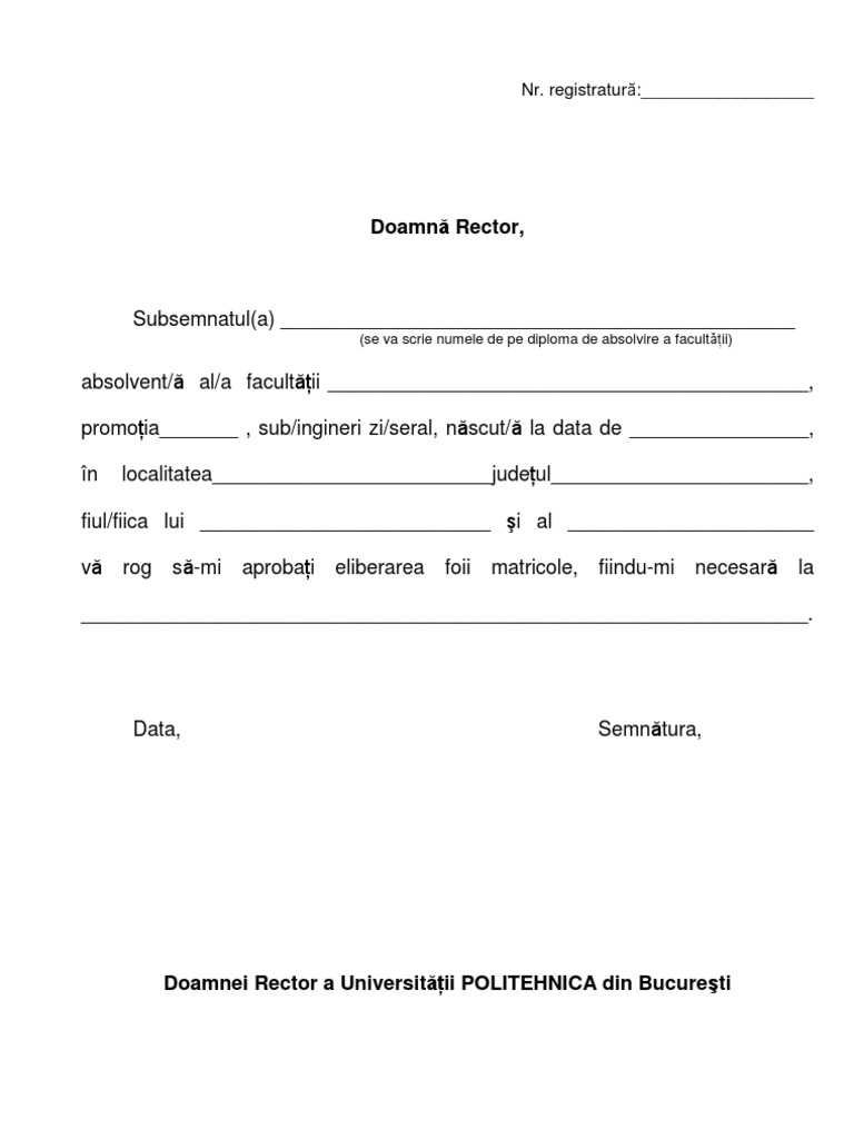 Model-Eliberare Foaie Matricola