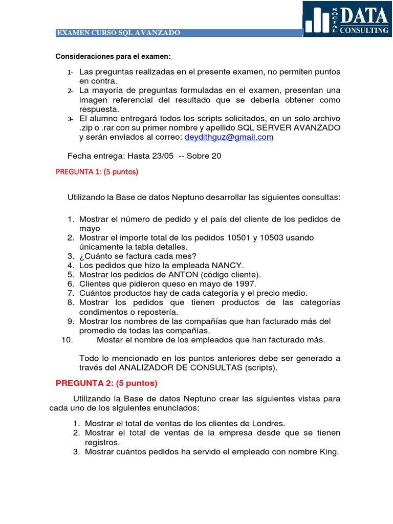 Examen Avanzado SQL SDC PDF | PDF | SQL | Servidor SQL de Microsoft