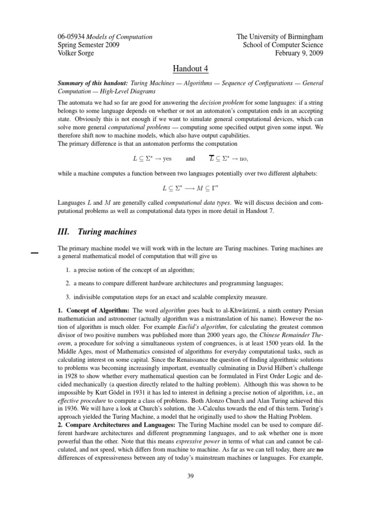 Handout 4: Iii. Turing Machines | PDF | Computational Complexity Theory | Algorithms