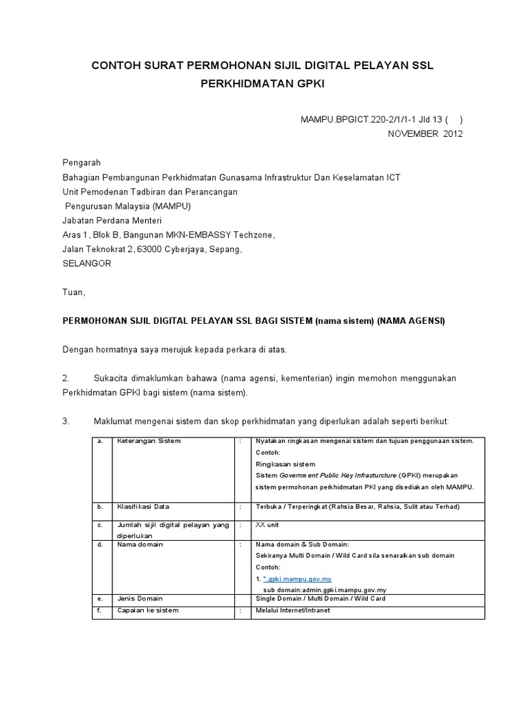 Surat Permohonan Sijil Digital Pelayan SSL Perkhidmatan GPKI | PDF