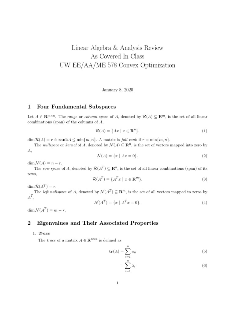 Linear Algebra & Analysis Review As Covered in Class UW EE/AA/ME 578 Convex Optimization | PDF ...