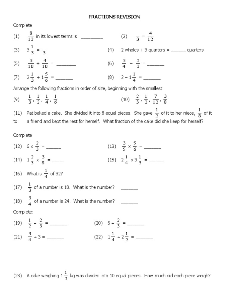 FRACTIONS REVISION | PDF | Fraction (Mathematics) | Foods