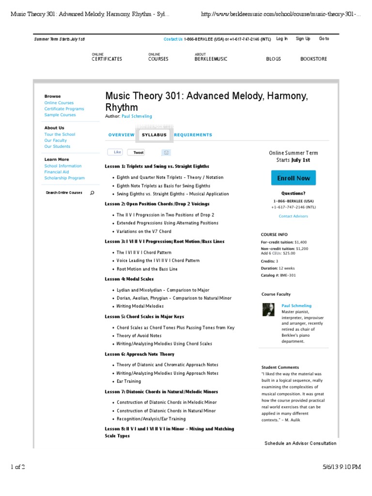 Music Theory 301: Advanced Melody, Harmony, Rhythm - Syllabus | PDF ...