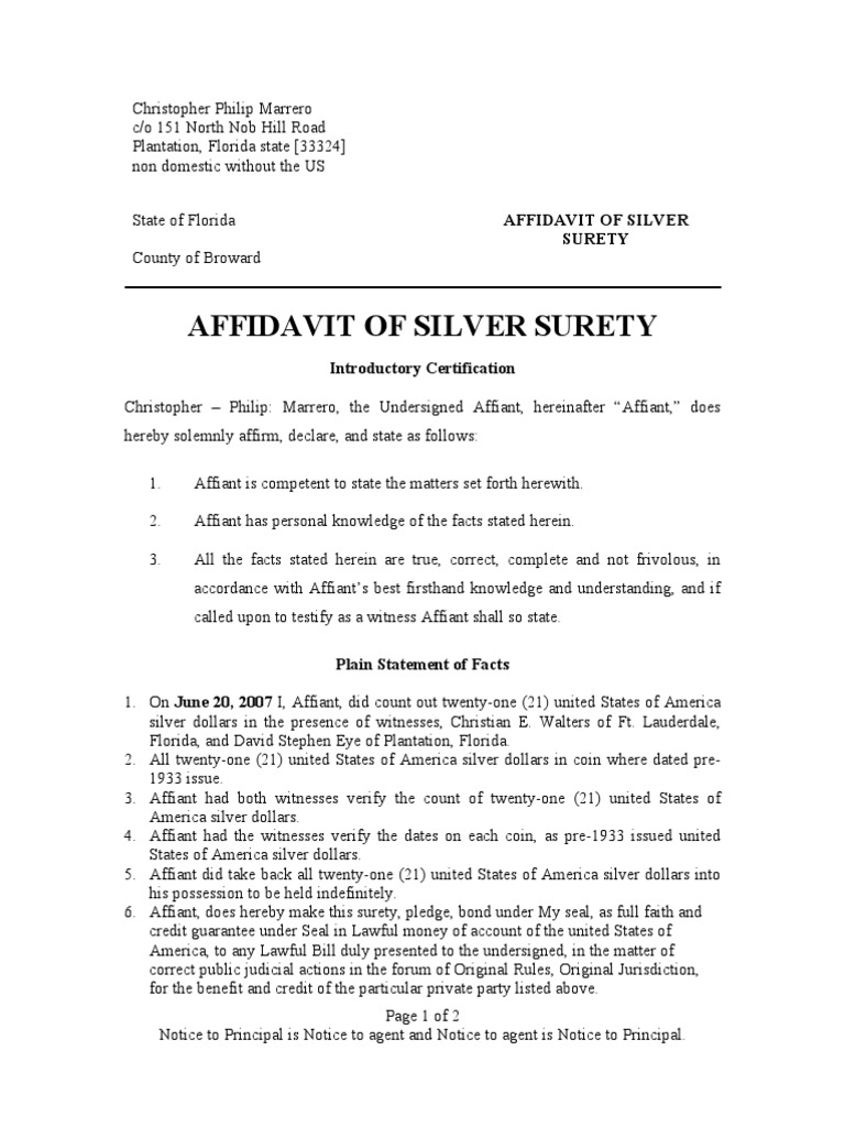 Affidavit - Notarized For 21 Silver Dollars Surety Bond #2 | PDF ...