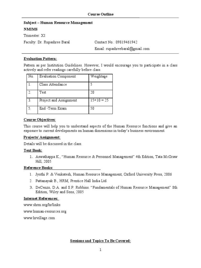Course Outline HRM Nmims Oct 2010 | PDF | Human Resource Management ...