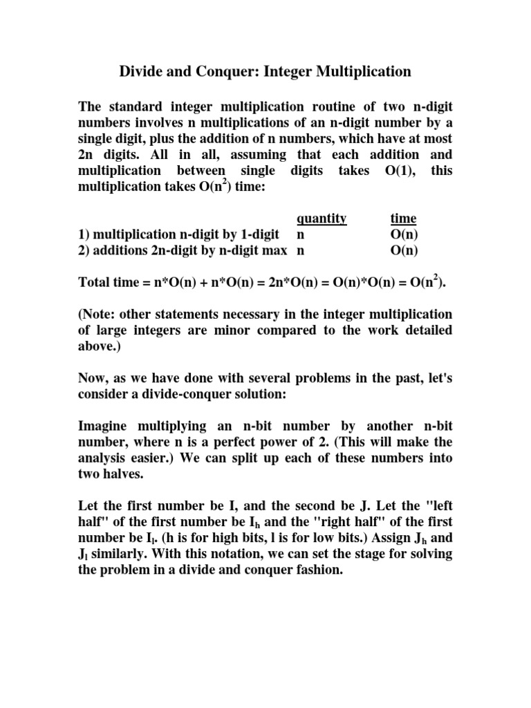 Divide and Conquer: Integer Multiplication | Download Free PDF | Multiplication | Time Complexity
