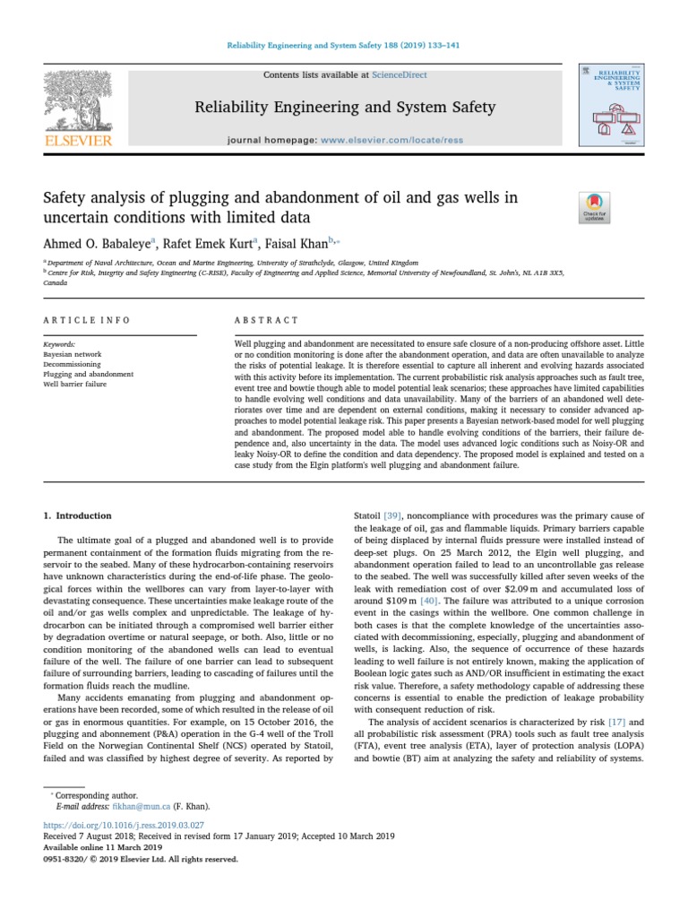 Safety Analysis of Plugging and Abandonment of Oil and Gas Wells in ...