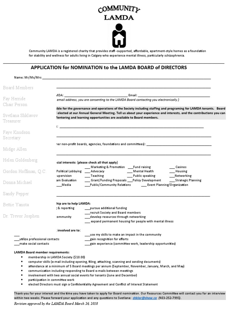 LAMDA Board Nomination Application Form | PDF | Board Of Directors ...