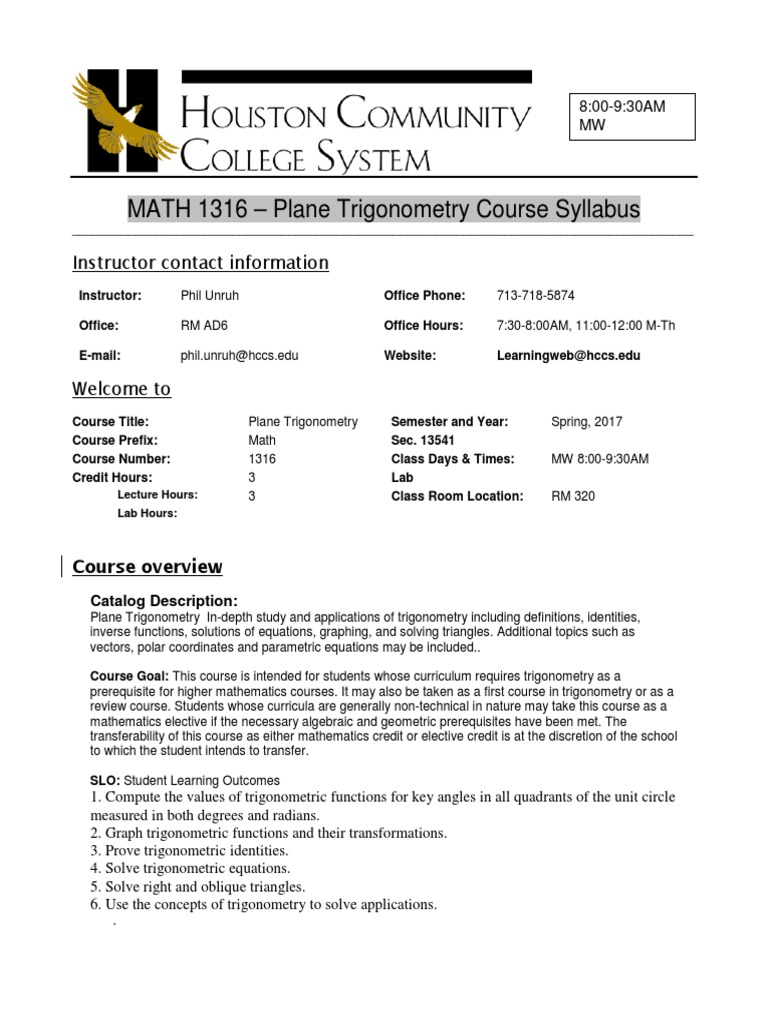 MATH 1316 - Plane Trigonometry Course Syllabus: Instructor Contact ...