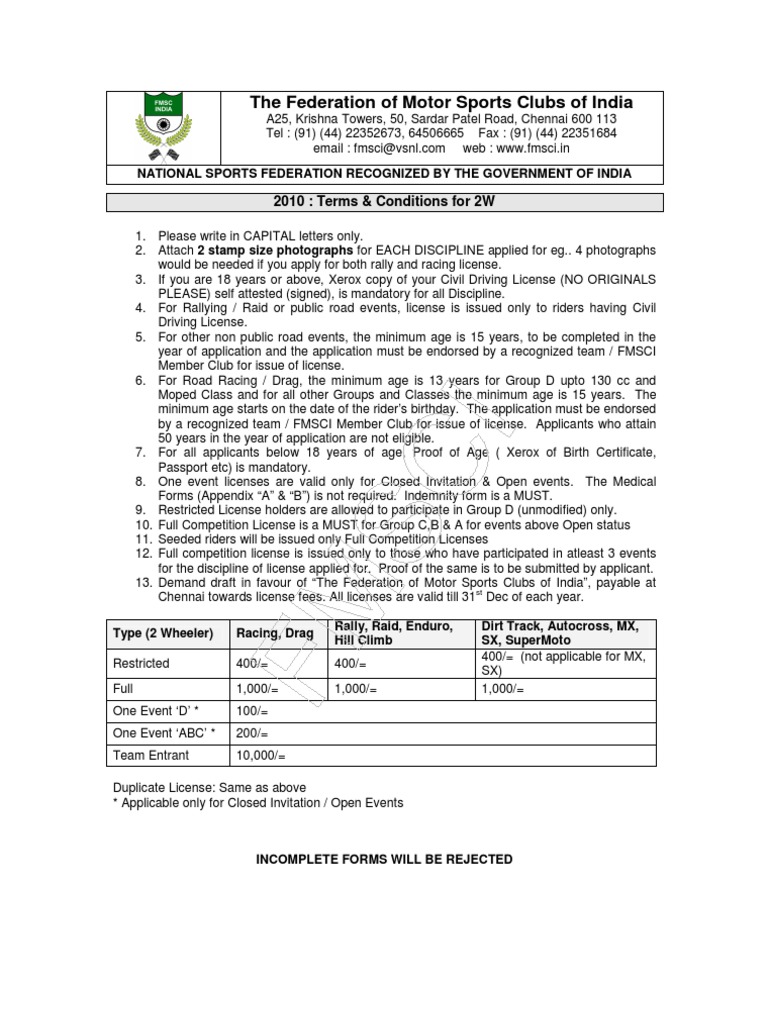 The Federation of Motor Sports Clubs of India: 2010: Terms & Conditions ...
