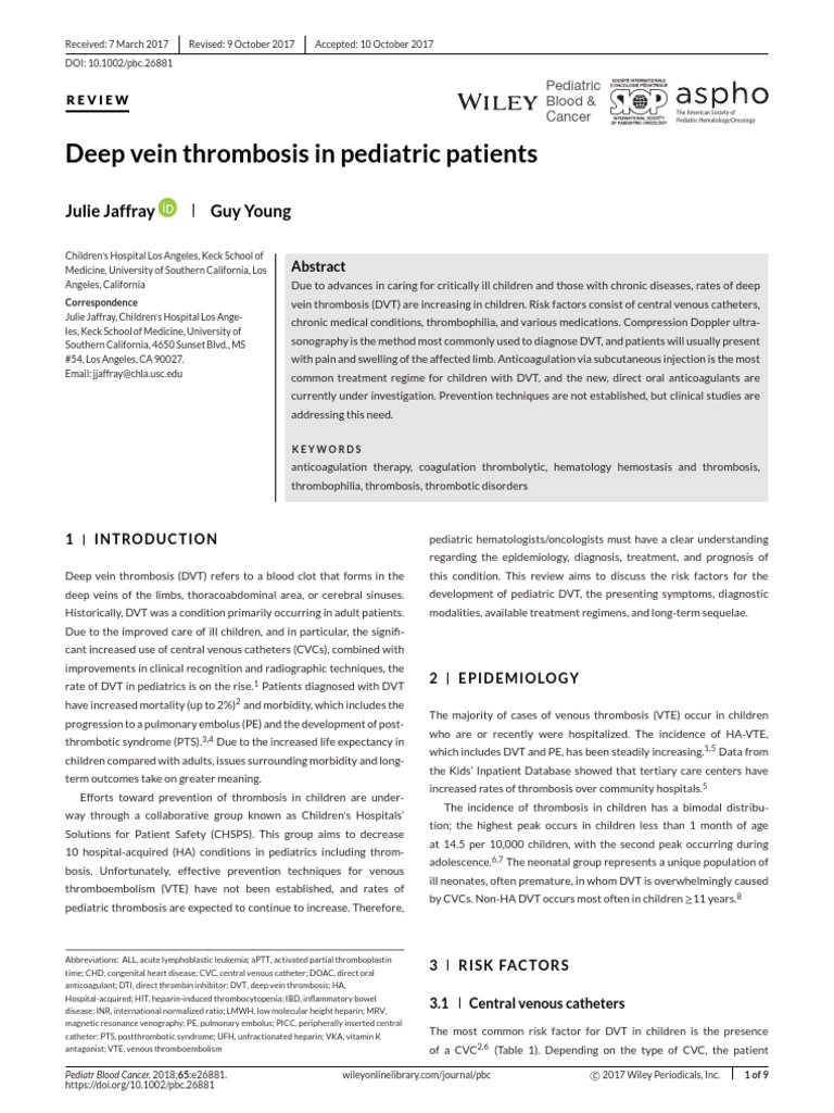 Deep Vein Thrombosis in Pediatric Patients | PDF | Thrombosis | Tissue ...
