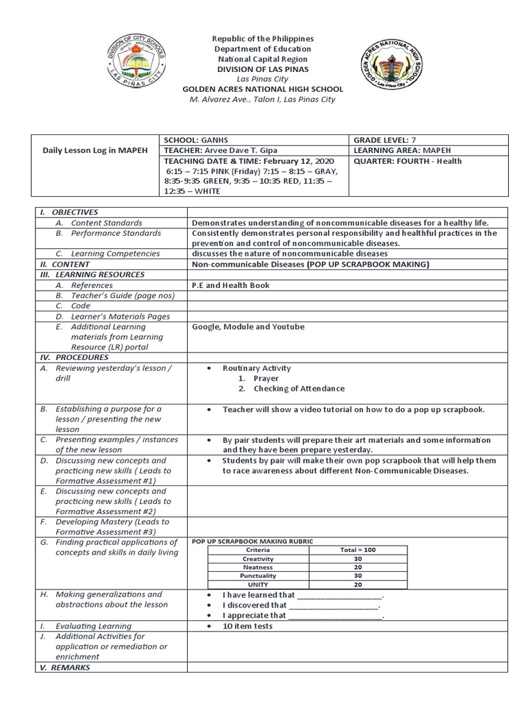 I. Objectives: Pop Up Scrapbook Making Rubric Criteria Total 100 ...