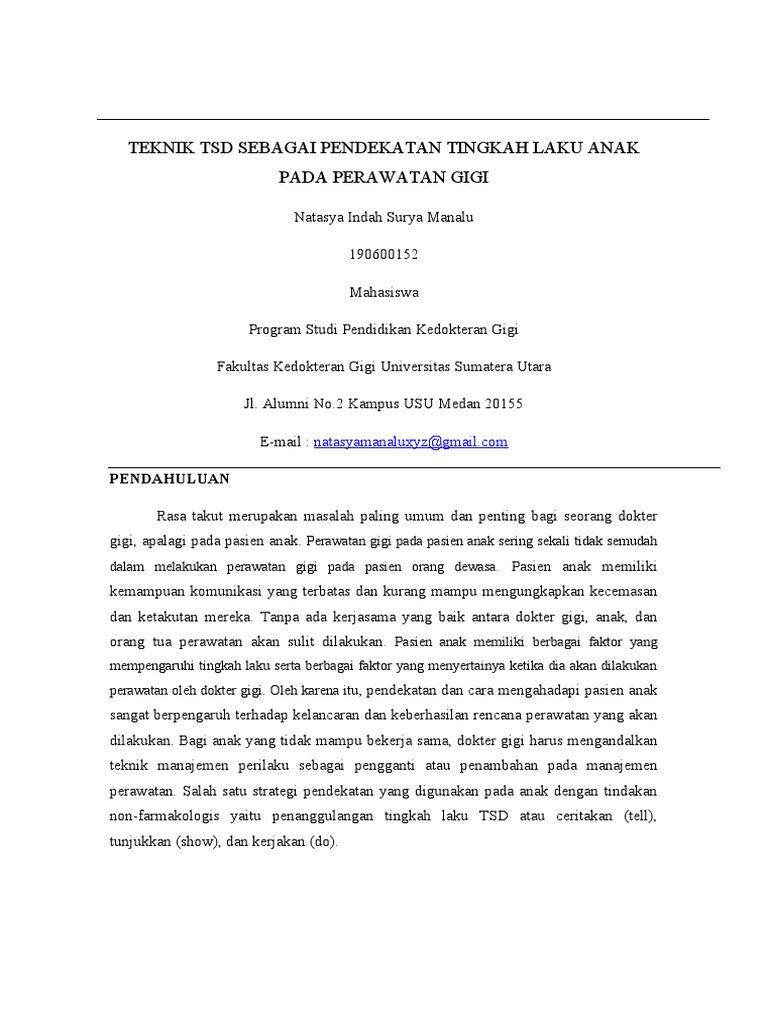 Teknik TSD Sebagai Pendekatan Tingkah Laku Anak Pada Perawatan Gigi | PDF
