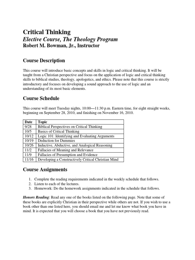 Critical Thinking Course Syllabus | PDF | Critical Thinking | Argument
