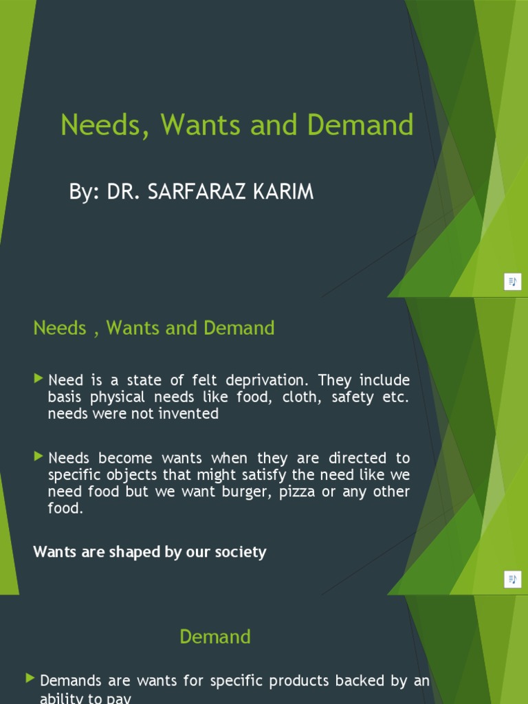 Needs, Wants and Demand: By: Dr. Sarfaraz Karim | PDF | Demand | Marketing