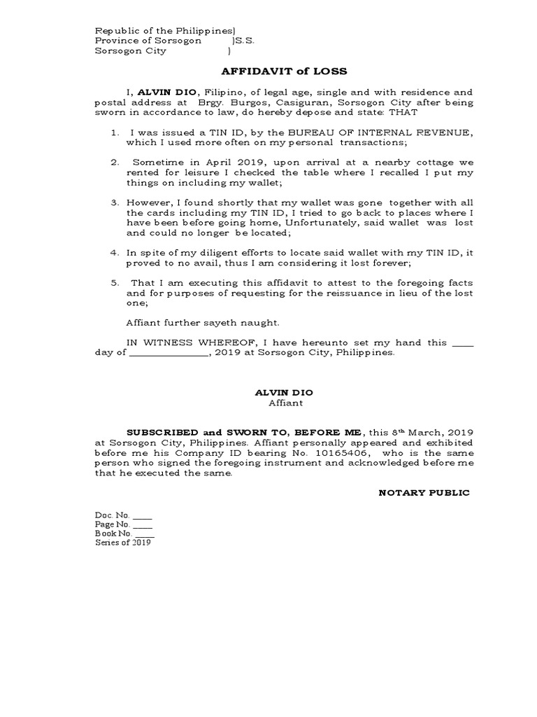 AFFIDAVIT of LOSS TIN, Philhealth, Pag Ibig | PDF