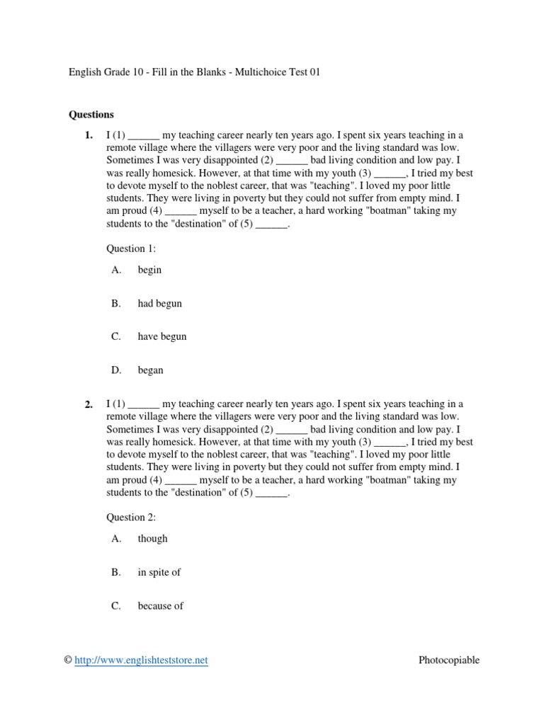 English Grade 10 - Fill in The Blanks - Multichoice Test 01 | PDF ...