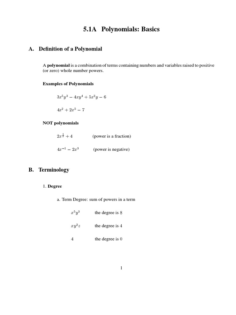 5.1A Polynomials: Basics: A. Definition of A Polynomial | PDF ...
