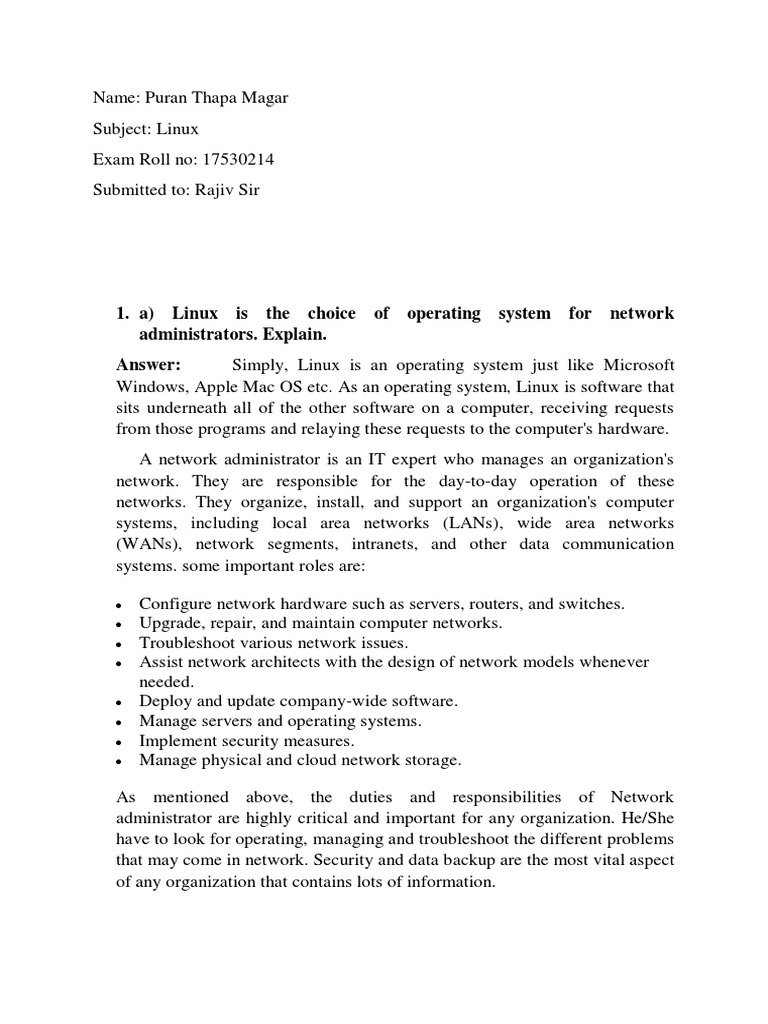 A) Linux Is The Choice of Operating System For Network Administrators. Explain. Answer | PDF ...