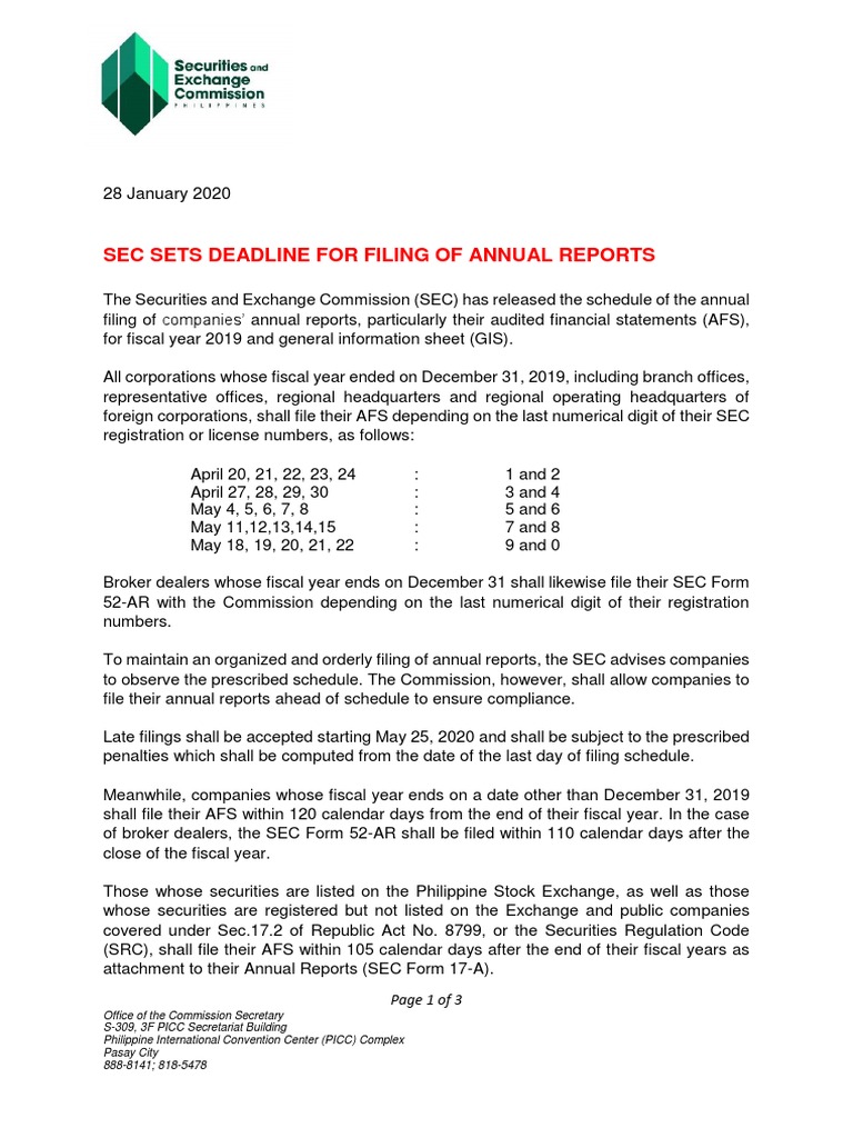 SEC-sets-deadline-for-filing-of-annual-reports - For 2019 | PDF | U.S ...