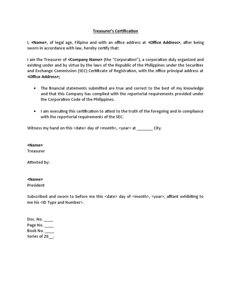 Treasurer Certification SEC | PDF