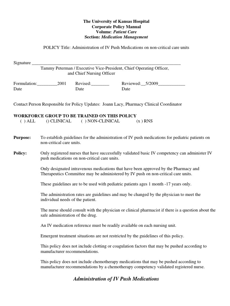 IV Push List Peds | Pharmacy | Intravenous Therapy