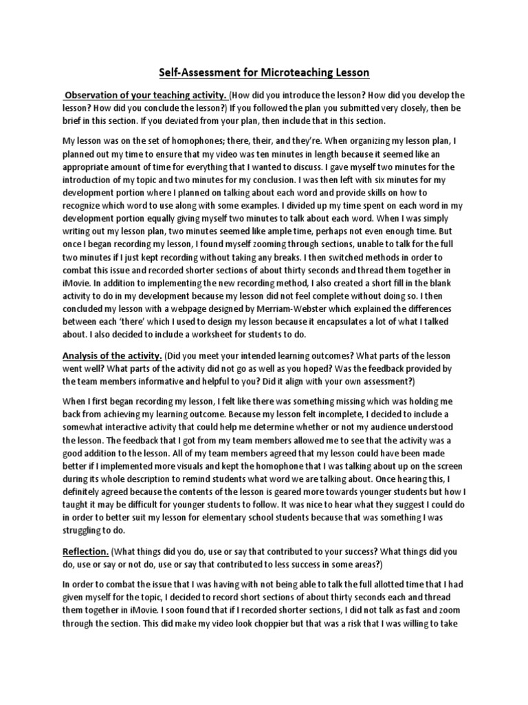 Microteaching Lesson Self-Assessment | PDF | Classroom | Teachers