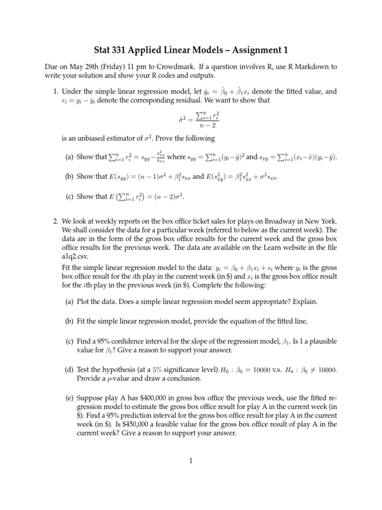 Stat 331 Applied Linear Models - Assignment 1: I 0 1 I I I I N I 1 2 I | PDF | Regression ...