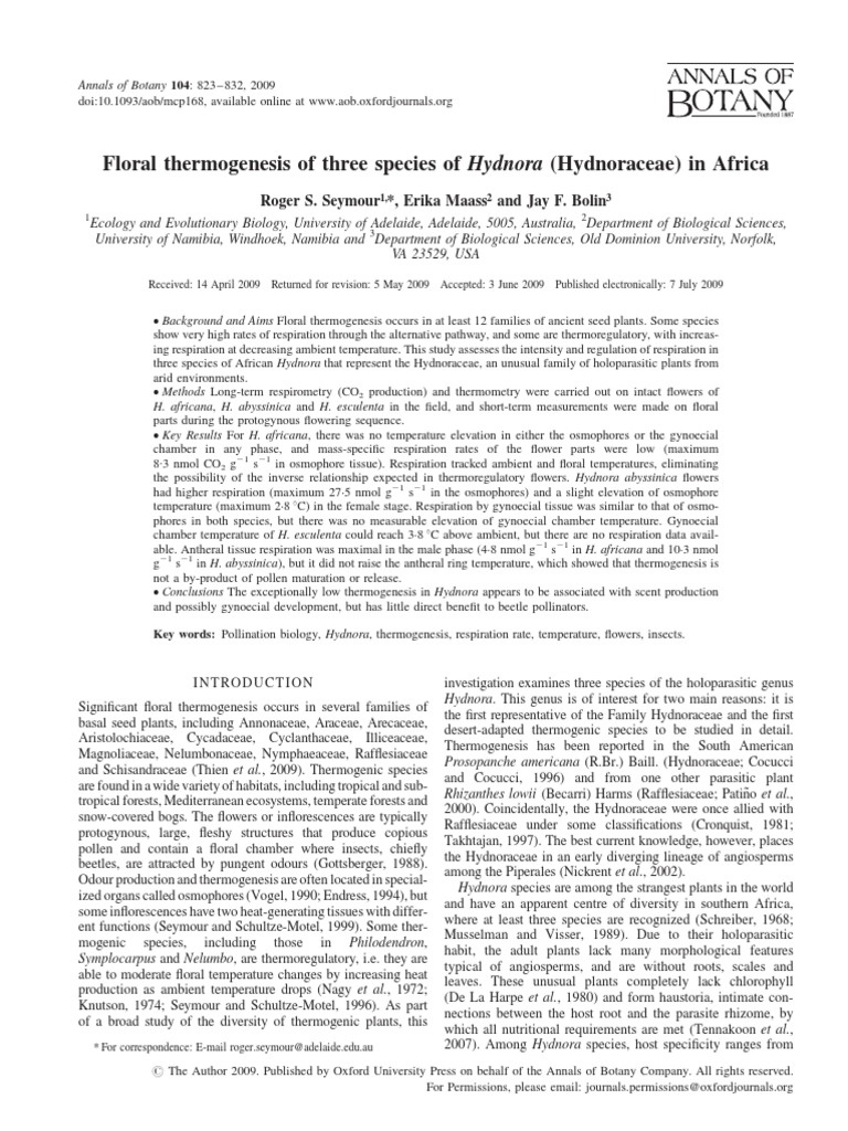 Seymour Et Al - 2009 - Floral Thermogenesis of Three Species of Hydnora ...