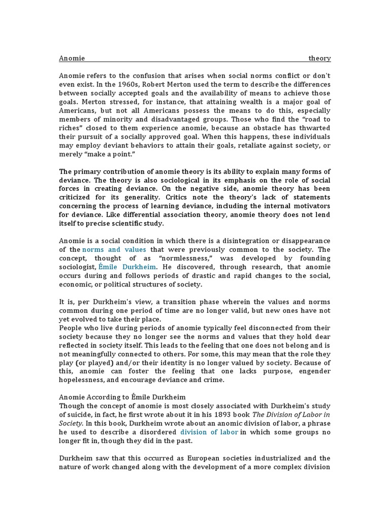 Anomie Theory | PDF | Deviance (Sociology) | Émile Durkheim