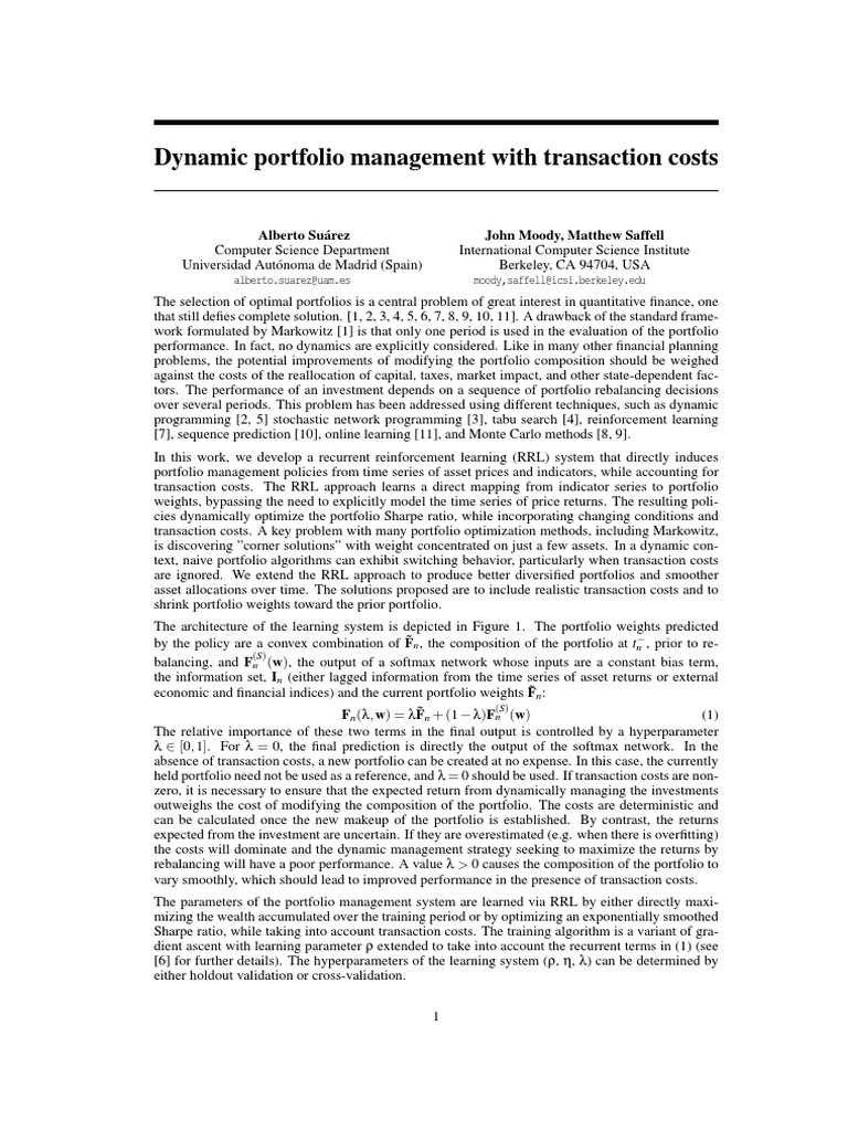 Dynamic Portfolio Management With Transaction Costs: Alberto - Suarez@uam - Es Moody, Saffell ...
