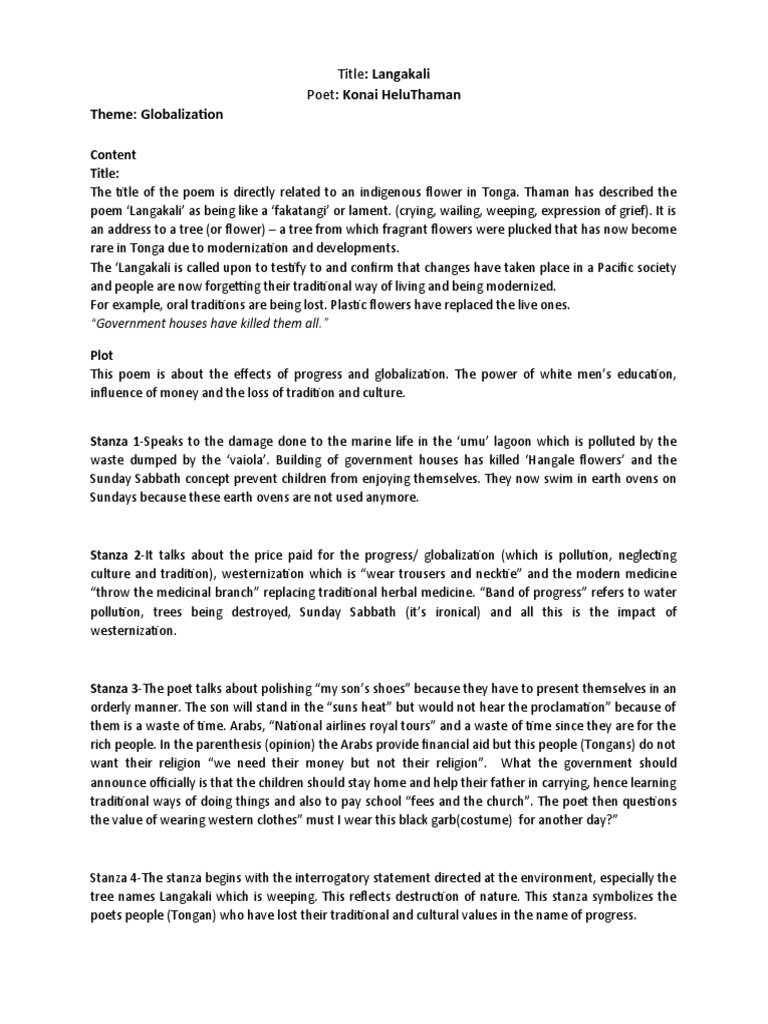 Theme: Globalization: Title: Langakali Poet: Konai Heluthaman | PDF ...