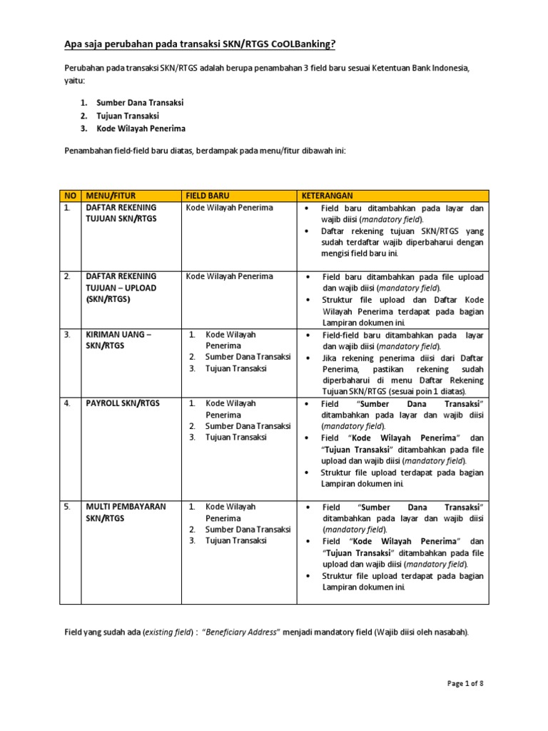 Perubahan Transaksi SKN/RTGS CoOLBanking | PDF
