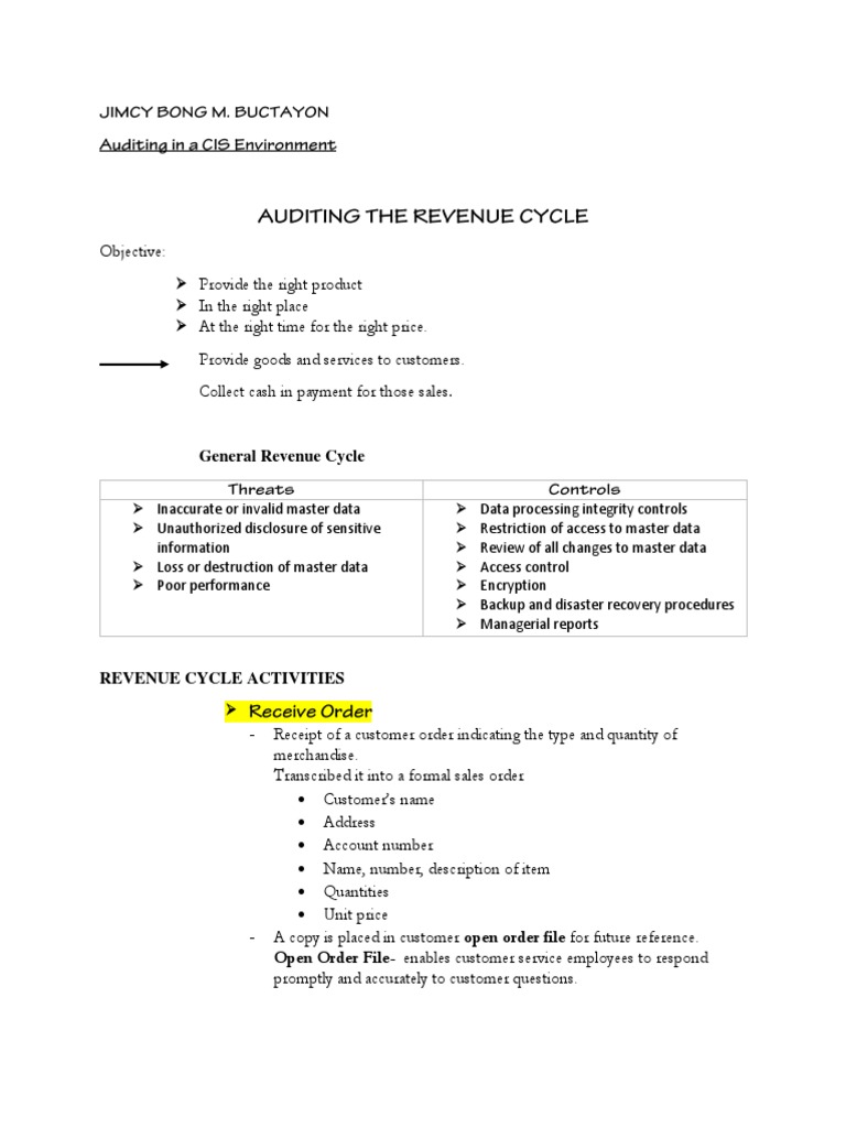 Revenue Cycle Management Controls Guide | PDF | Receipt | Sales