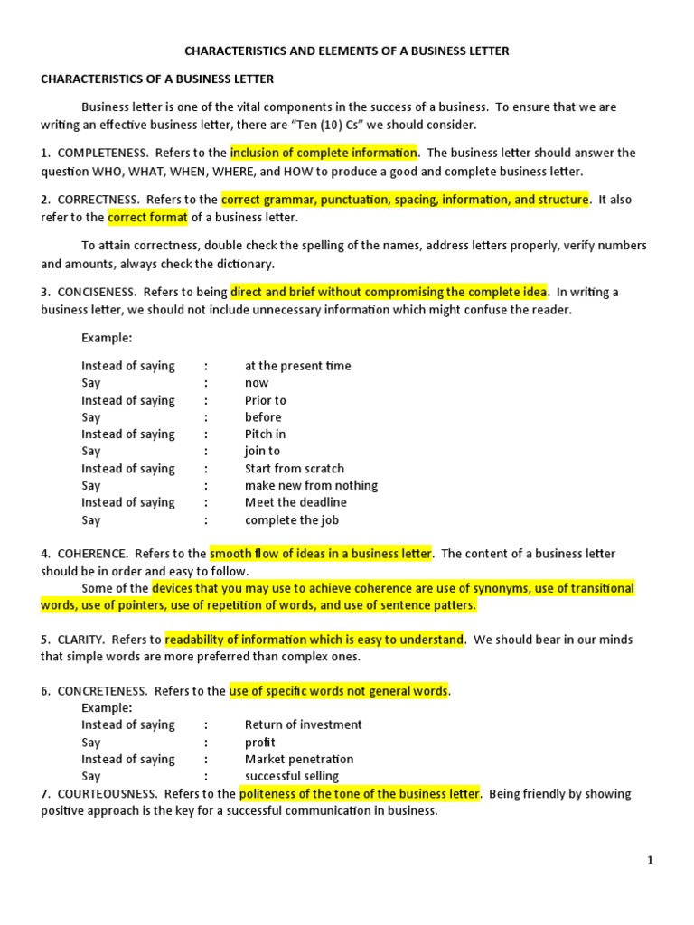 Characteristics and Elements of A Business Letter Characteristics of A ...