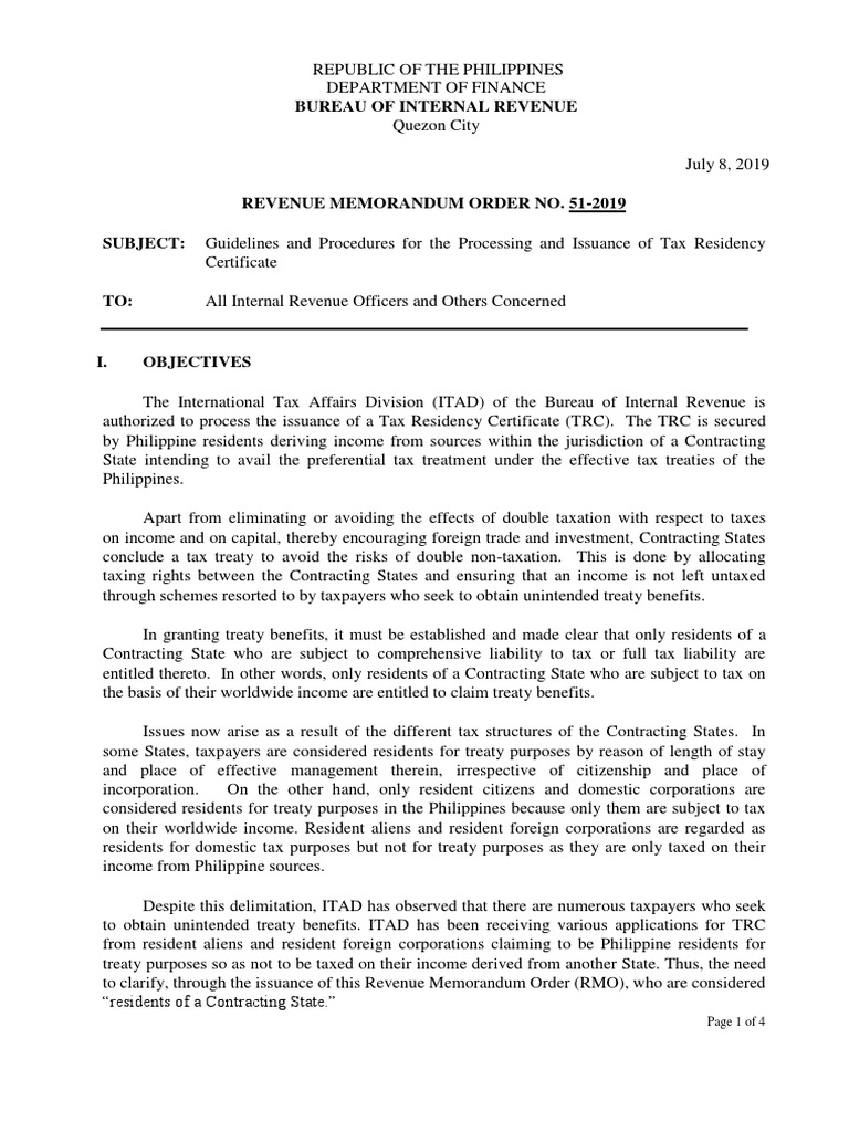 RMO NO.51-2019 (Tax Residency Certificates) | PDF | Taxpayer | Taxes