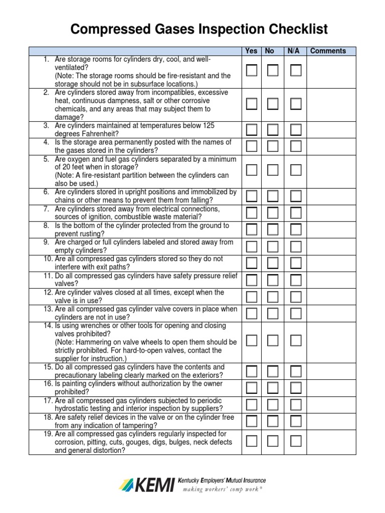 Compressed Gases Inspection Checklist: Yes No N/A Comments | PDF | Leak ...