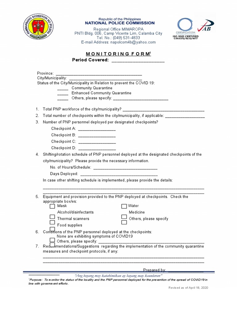 COVID-19 PNP Monitoring Form MIMAROPA | PDF | Business