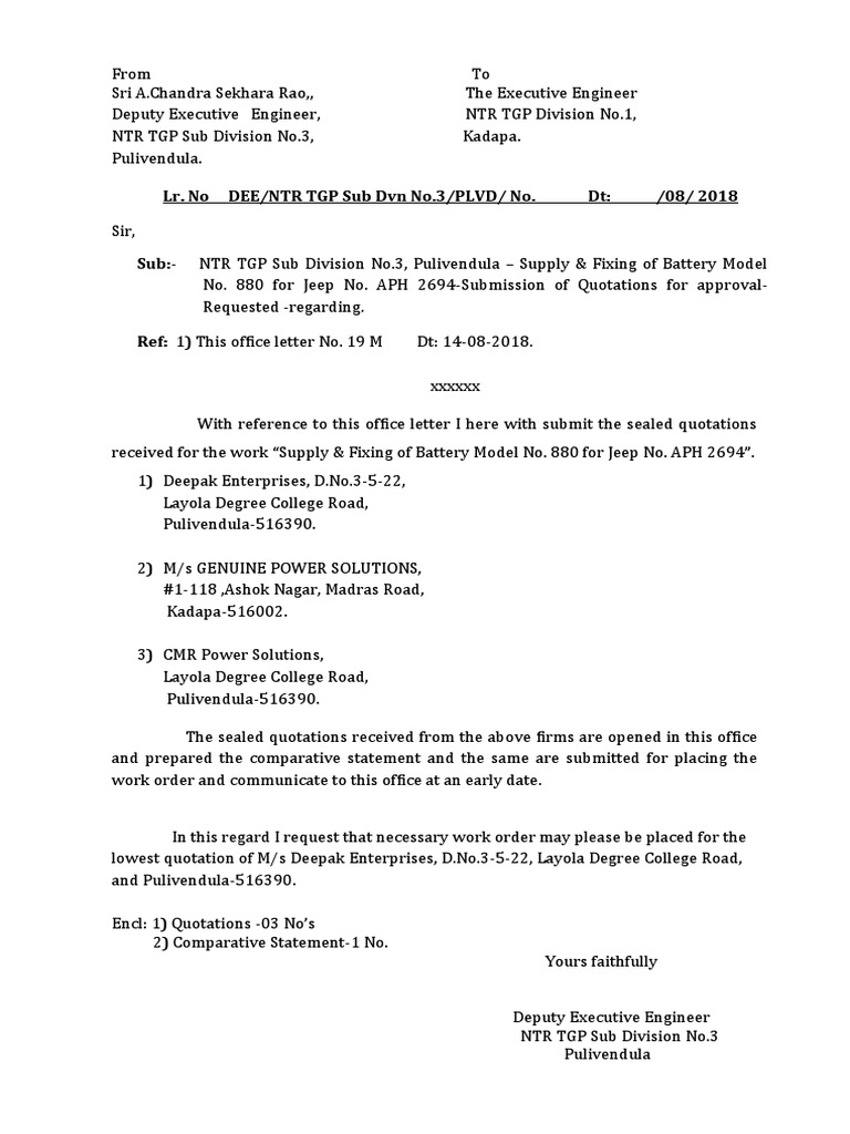 Battery Quotation Letter To EE | PDF | Business
