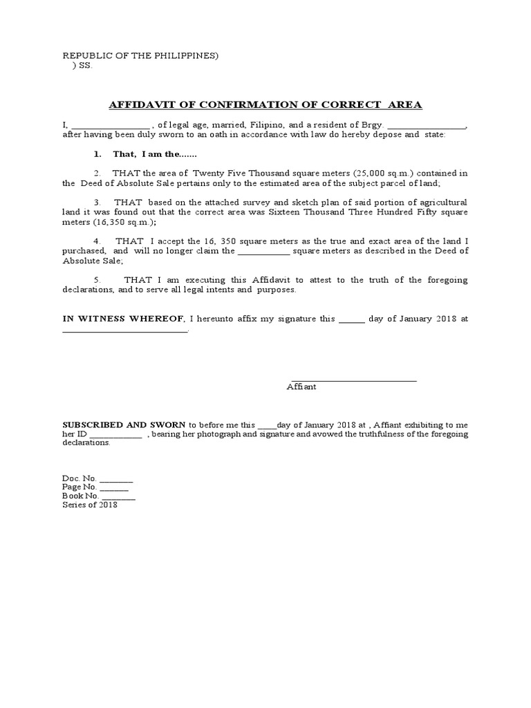 Affidavit of Confirmation of Correct Area: 1. That, I Am The...... | PDF