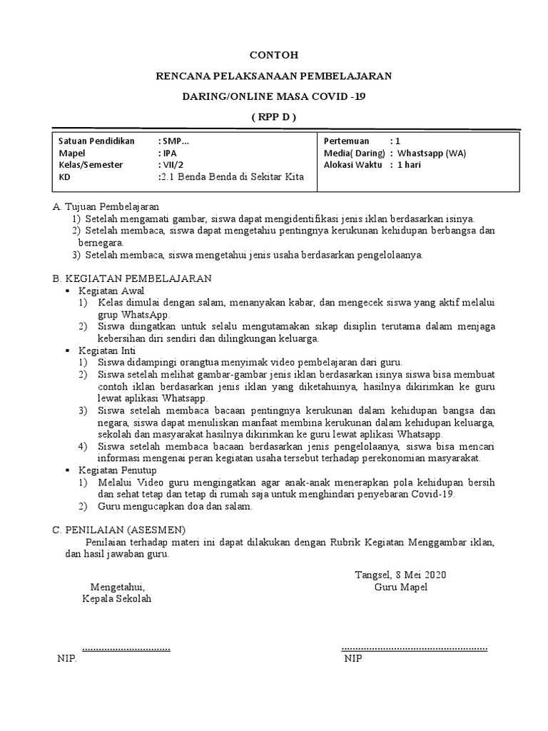Contoh RPP Satu Lembar Di Masa Pandemi Covid 19 | PDF