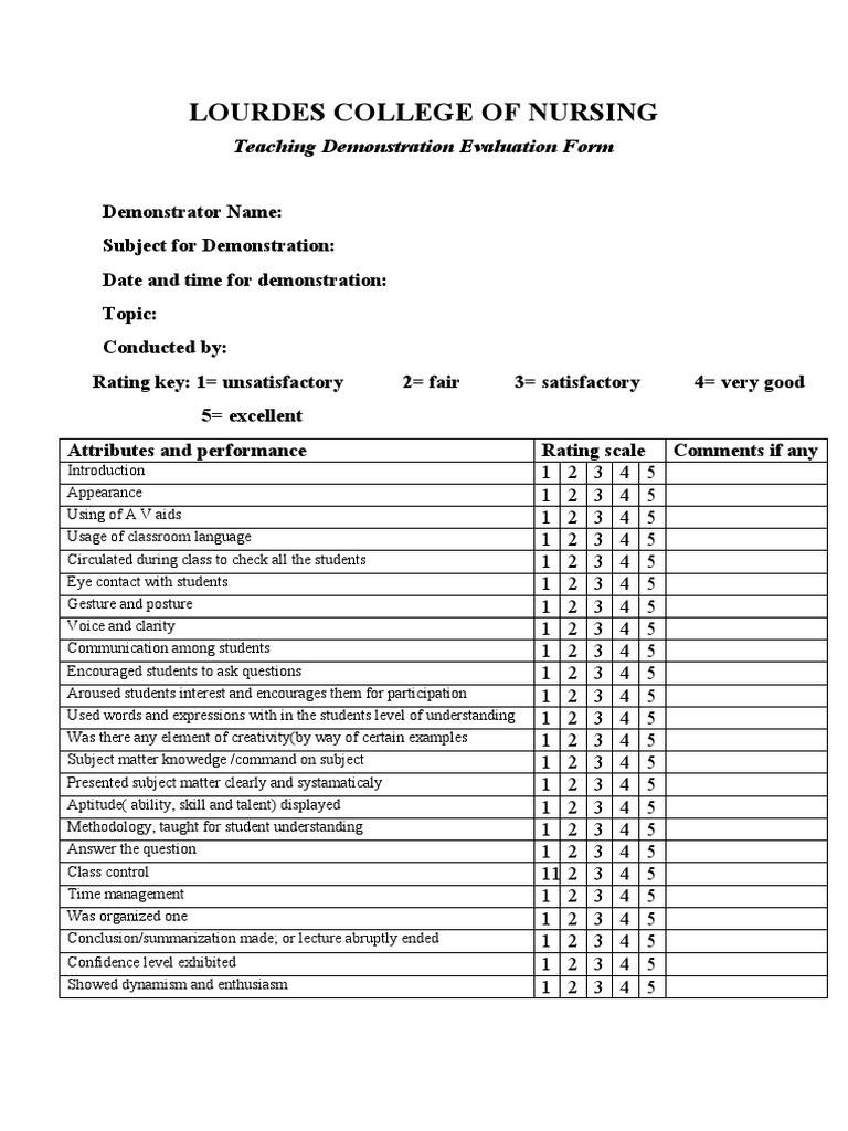 Lourdes College of Nursing: Teaching Demonstration Evaluation Form ...