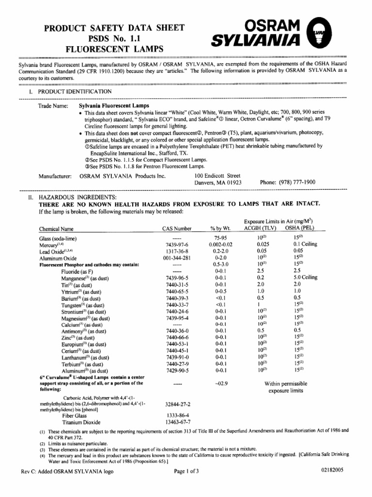 MSDS Lámparas Fluorescentes | PDF