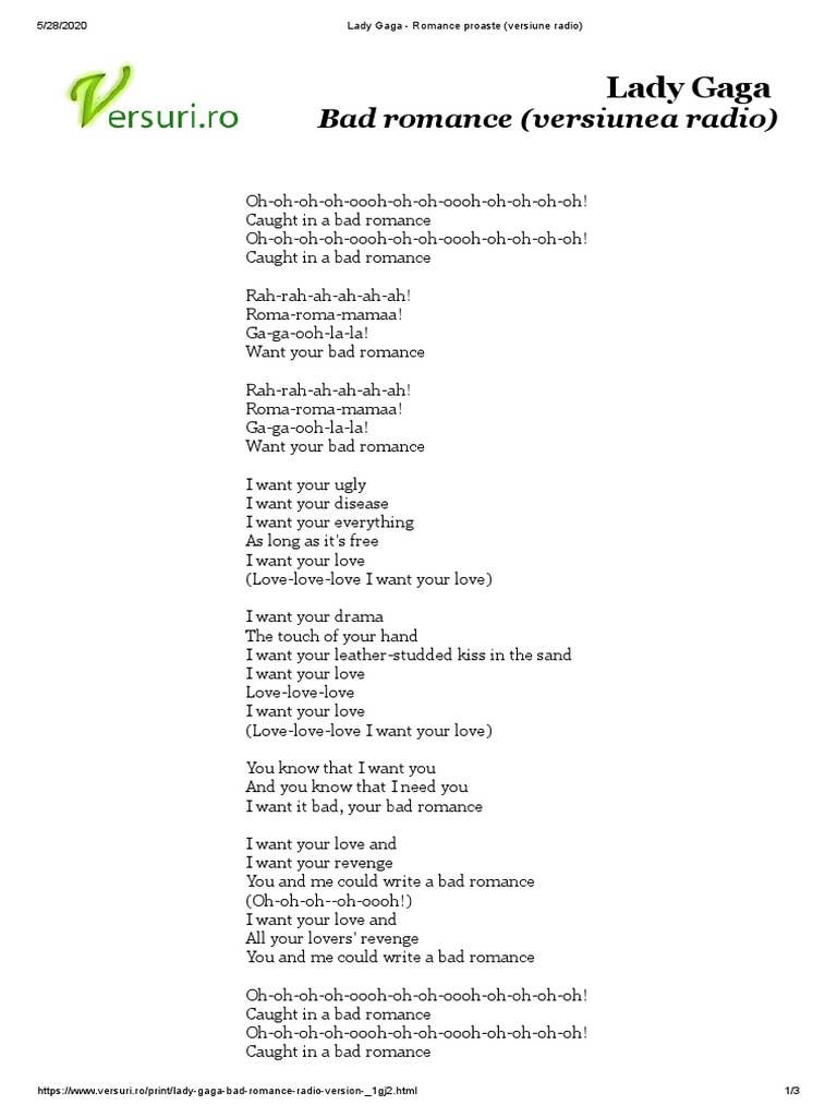 Lady Gaga - Bad Romance Lyrics | PDF | Song Recordings | Songs