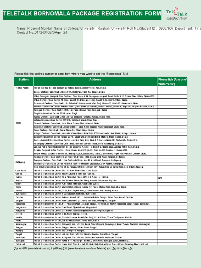 Teletalk Bornomala Package Registration Form: Station Address Please ...